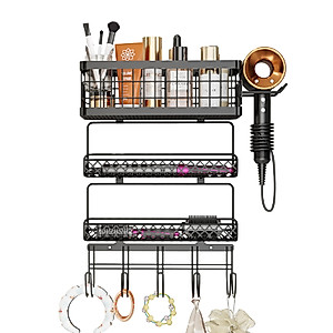 RoleDes Hair Tool Organizer Wall Mount Metal Hair Dryer Holder with 3 Tier Shelf Storage Wire Basket Hook, Hot Tools Organizer Cabinet Door Flat Iron Holder for Blow Dryer, Curling Iron, Straightener