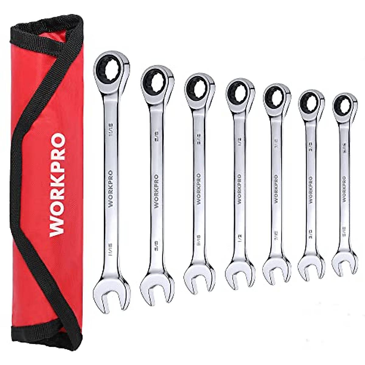 WORKPRO 7-Piece Ratcheting Combination Wrench Set, 72 Teeth, Combo Ratchet Wrenches Set with Roll Up Pouch, SAE 5/16"-11/16"