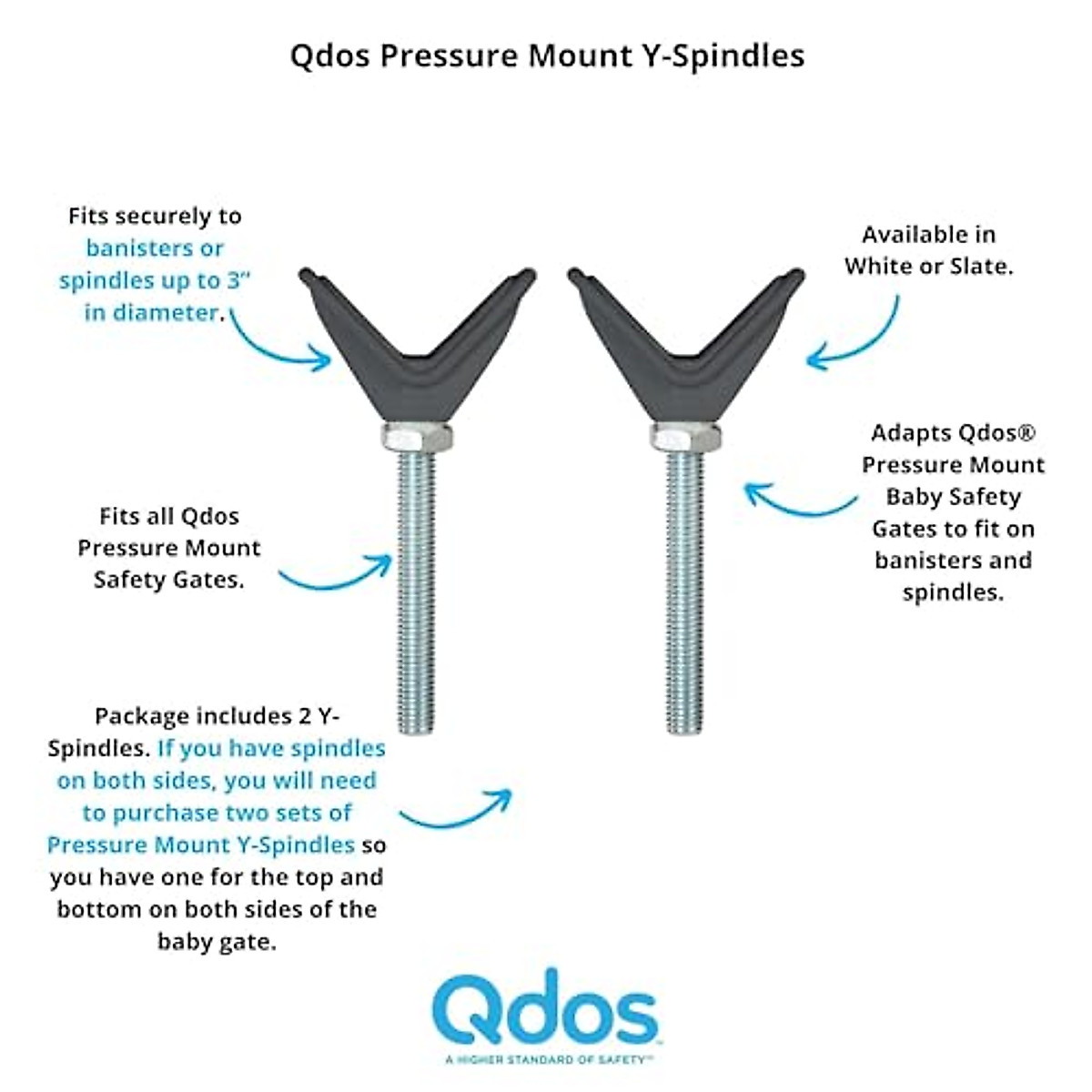 Qdos Safety Y-Spindles for Qdos Pressure Mount Baby Gates | Slate | Adapts Qdos Pressure Mount Gates to fit on Banisters and Spindles up to 3" in Diameter - Easy Installation | 1 Pack = 2 Y-Spindles