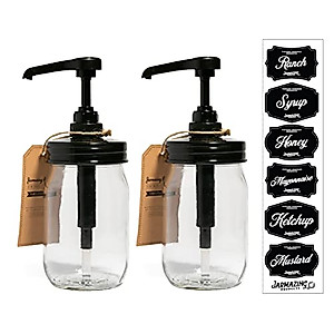 Jarmazing Products Mason Jar Syrup Dispenser - Set of 2 – 16 oz Smooth Jars with Rust-Proof, Leak-Proof, Food Grade Pumps for Honey, Syrups, Condiments, Salad Dressings and More