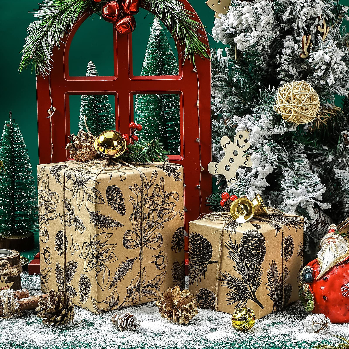 MAYPLUSS Kraft Christmas Wrapping Paper Roll - Mini Roll - 17 inch X 120 inch Per roll - 3 Different Rustic Design (42.3 sq.ft.ttl)