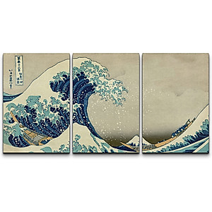 wall26 Canvas Print Wall Art Set The Great Wave Off Kanagawa by Hokusai Cultural Historic Oil Painting Fine Art Reproduction Scenic Colorful for Living Room, Bedroom, Office - 16"x24" x 3 Panels