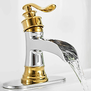 Homevacious Bathroom Faucet Waterfall Single Handle Chrome and Gold Vanity with Pop Up Drain with Overflow One Hole Lever Bath Sink Basin Restroom Mixer Tap Commercial Supply Line Lead-Free