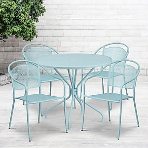 Flash Furniture Oia Commercial Grade 35.25" Round Sky Blue Indoor-Outdoor Steel Patio Table Set with 4 Round Back Chairs