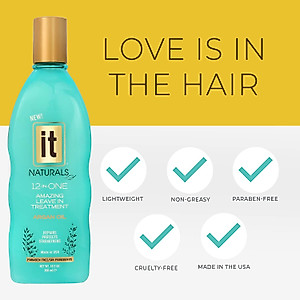IT Naturals Argan Oil 12-In-One Amazing Leave In Treatment, 10.2oz - Repairs, Protects & Strengthen Hair Split Ends & Breakage - for All Hair Types - Moisturizing & Volumizing - Paraben Free