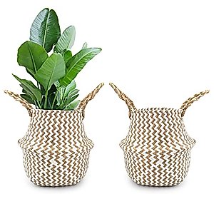 Nicunom 2 Pack Seagrass Belly Basket White Zigzag Pattern, 11 Inch Foldable Hand Woven Plant Basket with Handles, Storage Laundry, Picnic, Beach Bag, Plant Pot Cover for Home Decor