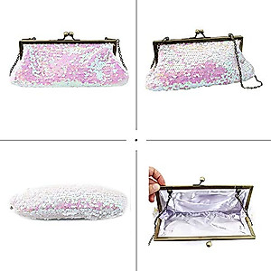 Felice Ann Glitter Mermaid Kissing Lock Sequin Evening Clutch Prom Party Handbag Chain Strap Crossbody Bag White