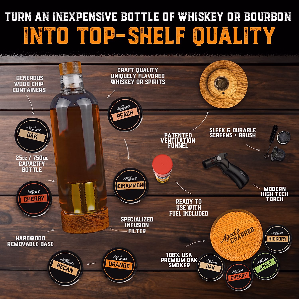 Cocktail Smoker Kit with Torch & Wood Chips (Butane Included) + Whiskey Infusion Kit Bundle for Whiskey, Bourbon, and Vodka for Men and Women.