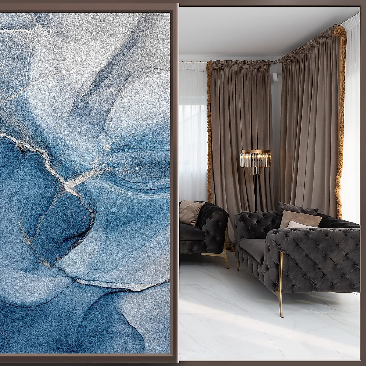 BoeHiop Window Privacy Film, Abstract Blue Ink Marble Texture Frosted Window Clings, Decorative Glass Covering Decals, Non-Adhesive Vinyl, 17.7 x 23.6 in