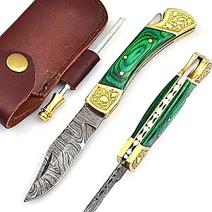 HF ENTERPRISES Damascus Steel Pocket Folding Knife for Men green wood handle 4 pcs, Hunting Fishing Camping knives with leather sheath, Gift