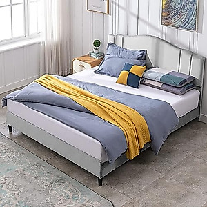 CECER Adjustable Headboard California-King Size Platform Bed Frame | Upholstered Bedframe with Headboard Covered in Dutch Velvet | Solid Wood Slat Support | Easy Assemble-Light Grey