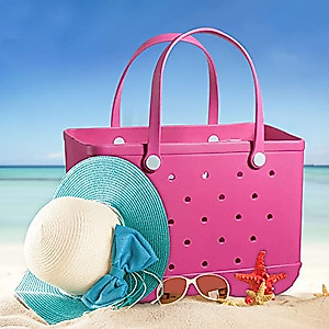 SKoosB Large Beach Bag, Waterproof Tote Bag for Women, Durable Rubber Beach Tote Bag, Portable Travel Handbag, Washable Beach Storage Basket for Beach Pool Sports(Rose Red)