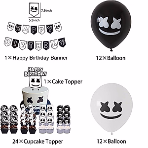 50 Pcs Marshmellow DJ Birthday Party Supplies, DJ Game Party,Ideal for Kids Gamer Fans Gaming Theme Party Decorations Favors,1Banner,24 Cupcake Topper,1 Cake Topper,24 Balloons