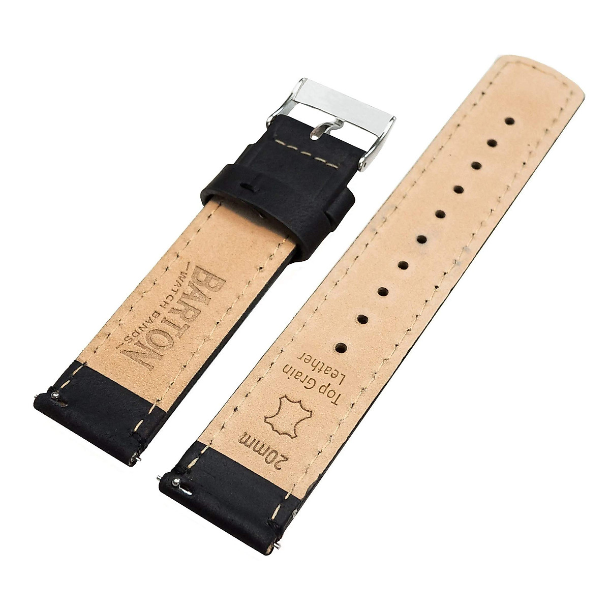 BARTON WATCH BANDS Quick Release Top Grain Leather Watch Band Strap, Black Leather/Black Stitching, 20mm