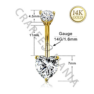 CM Crareesi Mania 14K Solid Gold Belly Rings Heart Cubic Zirconia Belly Button Piercing Rings 14G Yellow Gold Navel Piercing Jewellery Prong Set Navel Rings