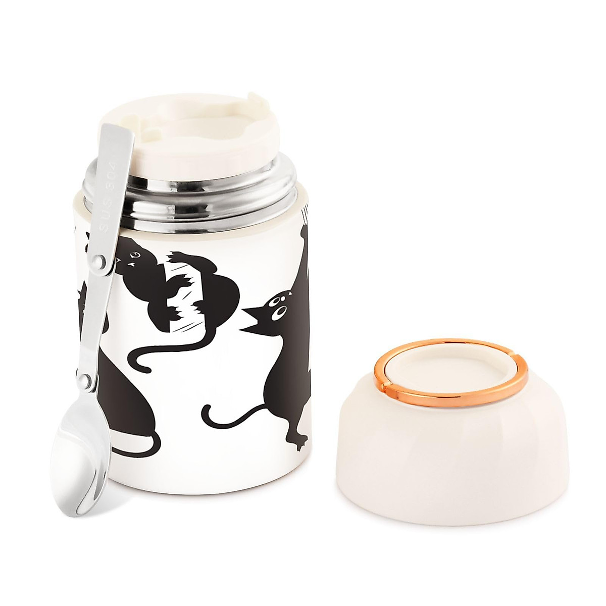 CUPADA Black Cats Paw Scratching Food Jar for Hot and Cold, Insulated Food Jars Vacuum 17OZ with Folding Spoon for Work Trip Picnic Camping