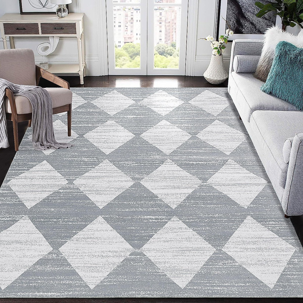 COZYLOOM 9x12 Area Rug Washable Rugs for Bedroom Office Nursery Geometric Checkered Accent Rugs Modern Trellis Living Room Rug Distressed Neutral Soft Rug Non Slip Farmhouse Floor Cover Grey
