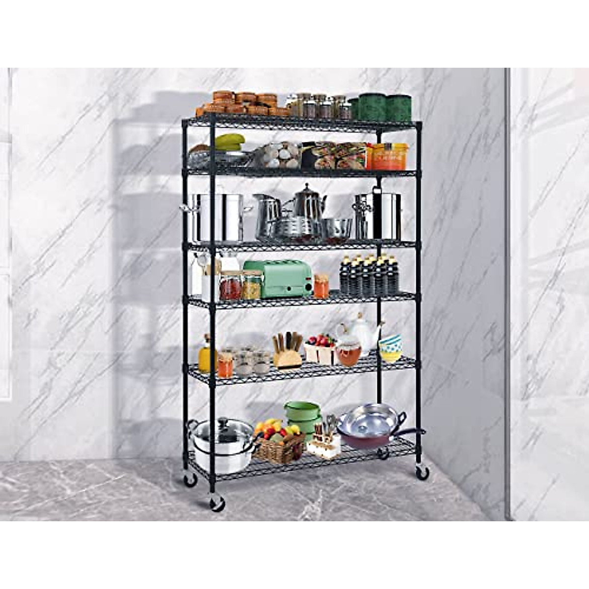BIQWBIC 6 Tier Storage Shelves Wire Shelving Unit, 48" Lx18 Wx72 H Adjustable Heavy Duty Metal Shelving Rack with Wheels, NSF Adjustable Storage Shelf Garage Shelves-1320 Lbs Capacity, Black