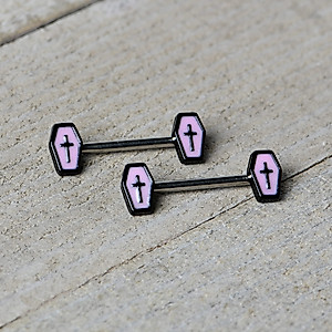 Body Candy 14G Womens Nipplerings Piercing 316L Steel 2Pc Glow in the Dark Purple Coffins Nipple Ring Set 9/16"