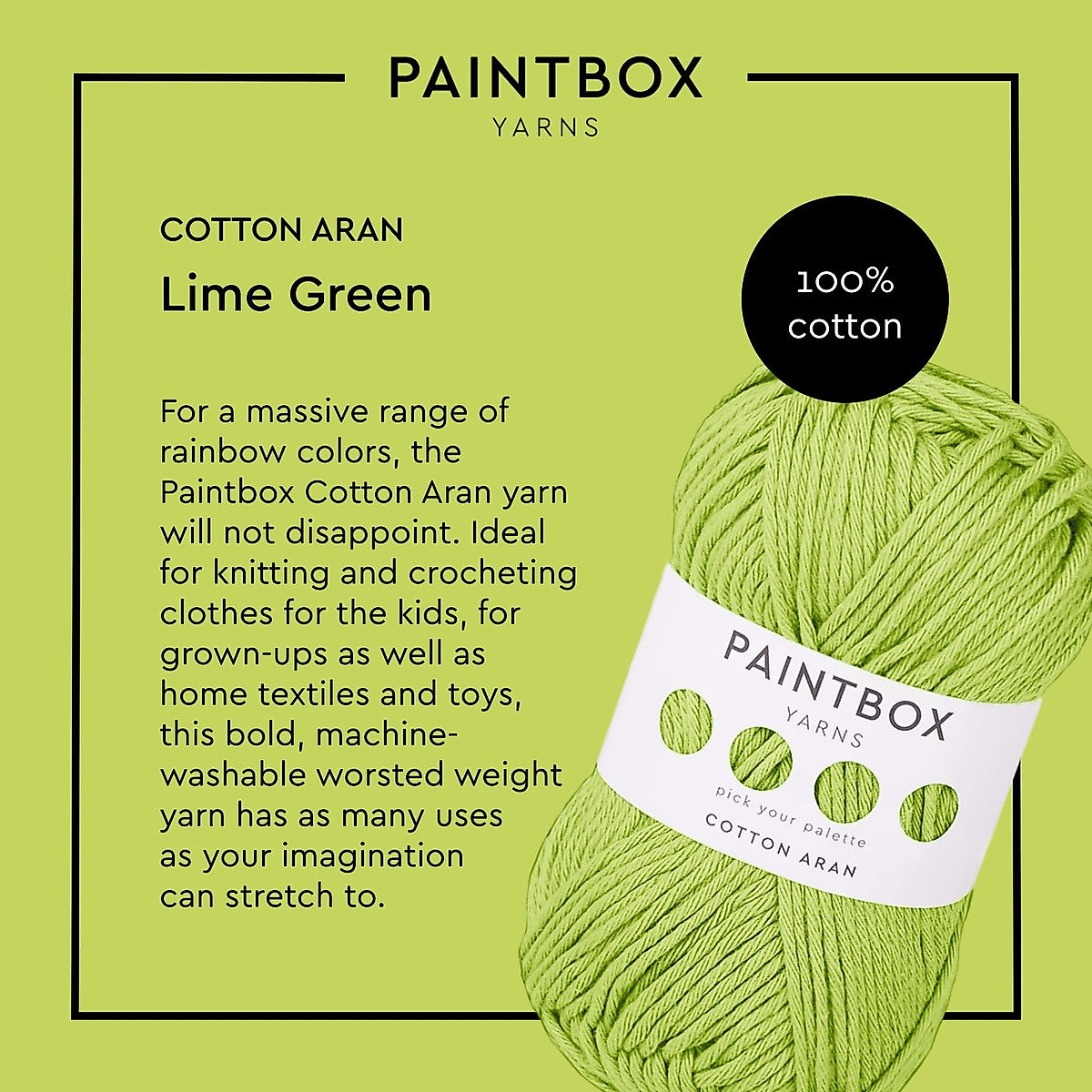 Paintbox Yarns 100% Cotton Aran Yarn 1.76oz (50g), 93 Yards (85m) - Lime Green Worsted Wool for Crochet, Knitting - Soft, Lightweight for Sweaters, Clothes