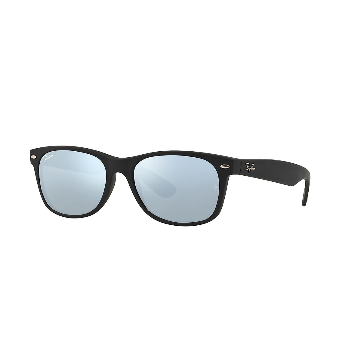 Ray-Ban RB2132 New Wayfarer Square Sunglasses, Rubber Black/Light Green Mirrored Silver, 52 mm