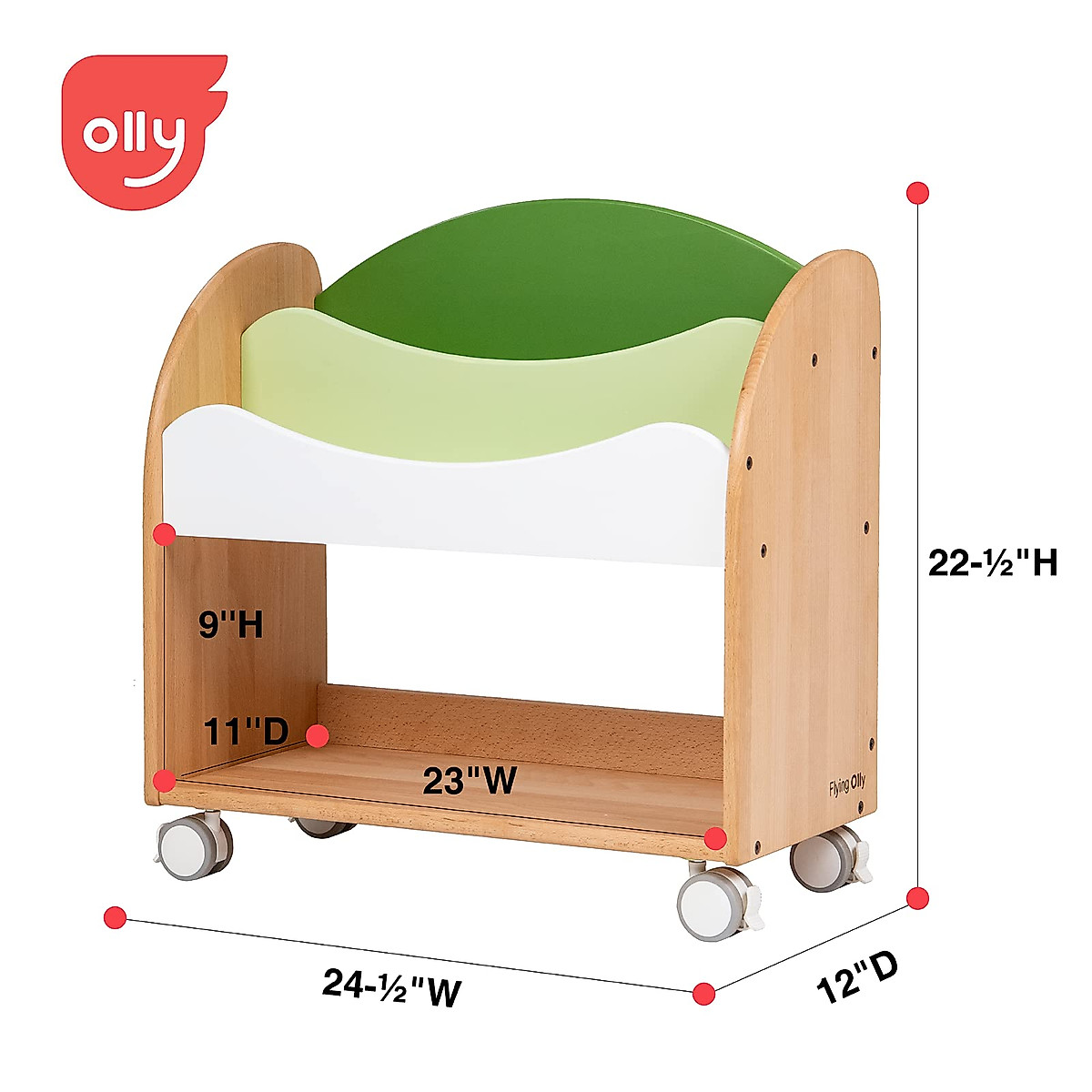 Flying Olly Kids Bookshelf, Solid German Beech Wooden Toddler Bookcase with Wheels, Children Books Display Shelf, Baby Books and Toys Storage Rack, Infant Book Cart for Bedroom, Playing Room - Green