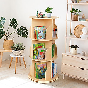 OOOK Kids Rotating Bookshelf, Small Corner Bookshelf for Small Space, 360° Display 3 Tier Floor Standing Bookshelf Storage Rack, Wooden Narrow Bookcase Organizer for Bedroom, Living Room