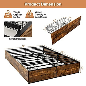 Giantex Queen Size Bed Frame with 4 Drawers, Industrial Metal Platform Bed Frame with Footboard, Reserved Holes for DIY Headboard, Heavy-Duty Mattress Foundation, No Box Spring Needed, Easy Assembly