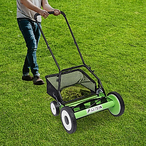 BANLICALI Grass Trimmer, 16-Inch 5-Blade Cordless Manual Reel Lawn Mower with Grass Collection Basket and Wheel, 9-Position Adjustable Height (1.34"-2.52"), Weed Wacker for Home Lawn Edger Green