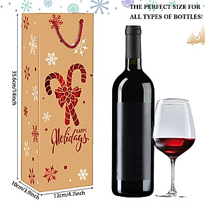 Pasimy 12 Pcs Christmas Wine Bags with Tissue Paper Christmas Red Foil Kraft Paper Wine Gift Bags with Handles Paper Assorted Design Wine Bags Gift Holiday for Bottle Wrapping Birthday Wedding Party