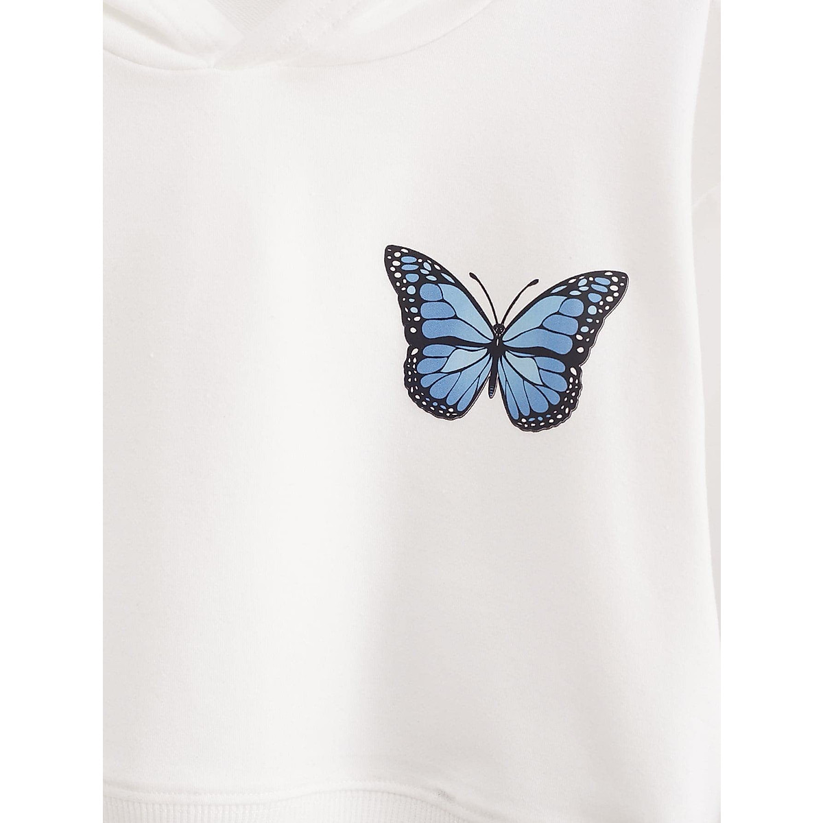 Romwe Girl's Butterfly Print Drop Shoulder Long Sleeve Pullover Hoodie Sweatshirt Crop Top Tee Shirt White 140