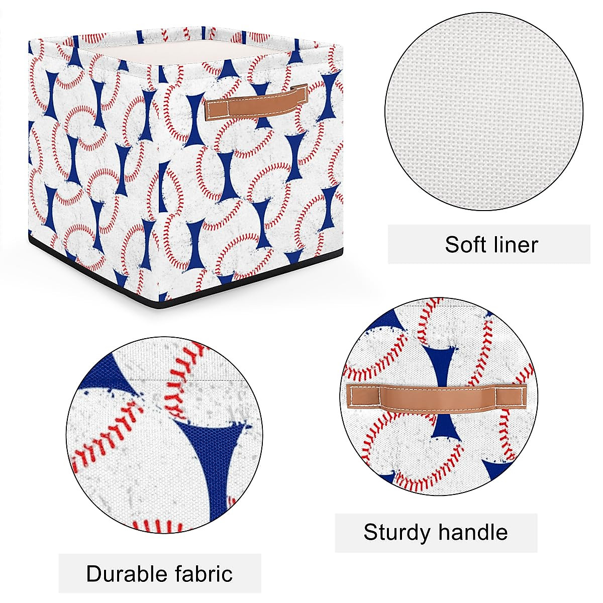 KOBLEN Sports Baseball Ball Square Storage Basket Collapsible Storage Box Clothes Basket 13x13 Inch Large Cube Storage Bin With PU Leather Handle for Home Office Closet Shelves