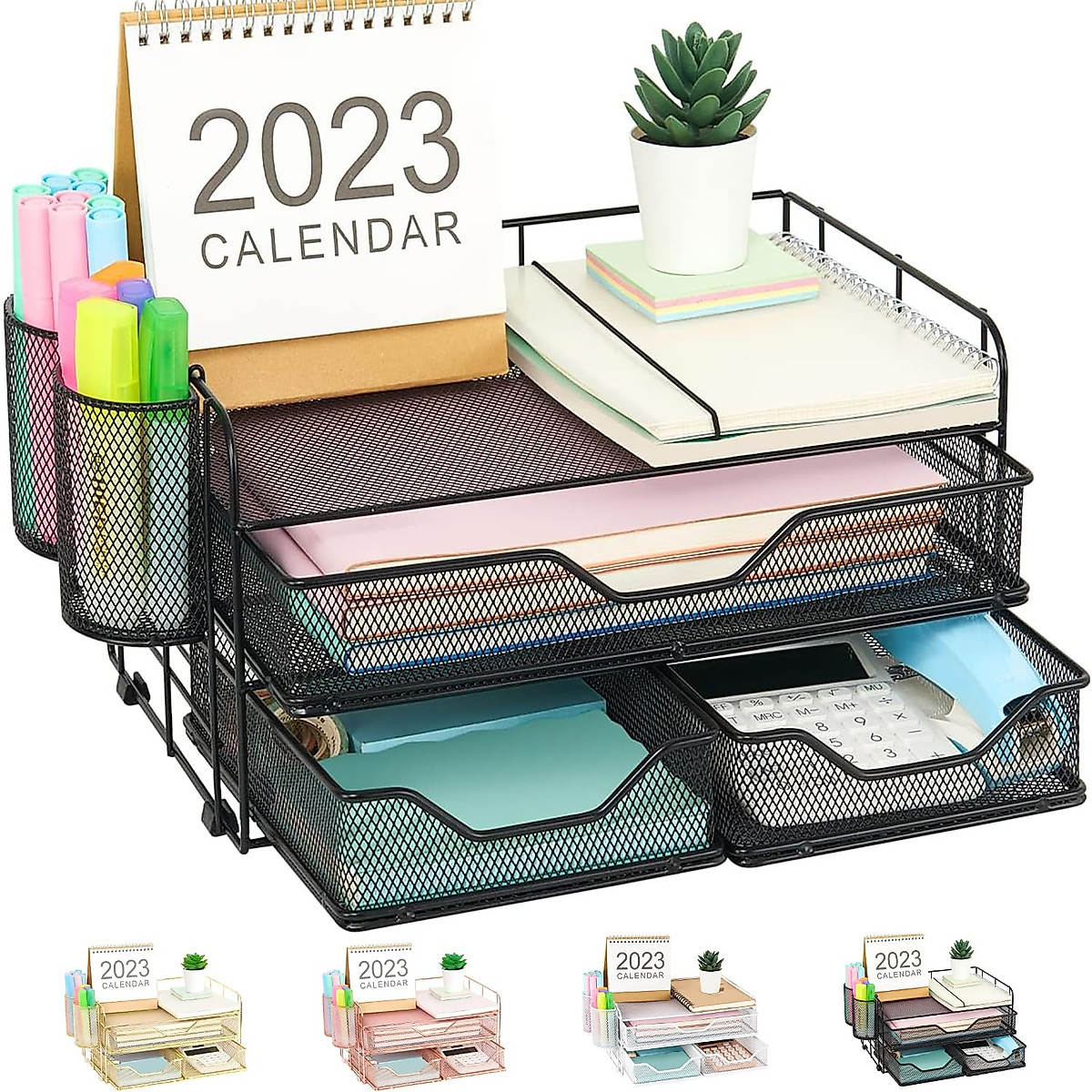 Youbetia Black Minimalist Desk Organizer with 3 Drawer, 2 Pen Holder, 2 Tier Letter Tray, Upper Display Rack, for Office Supplies