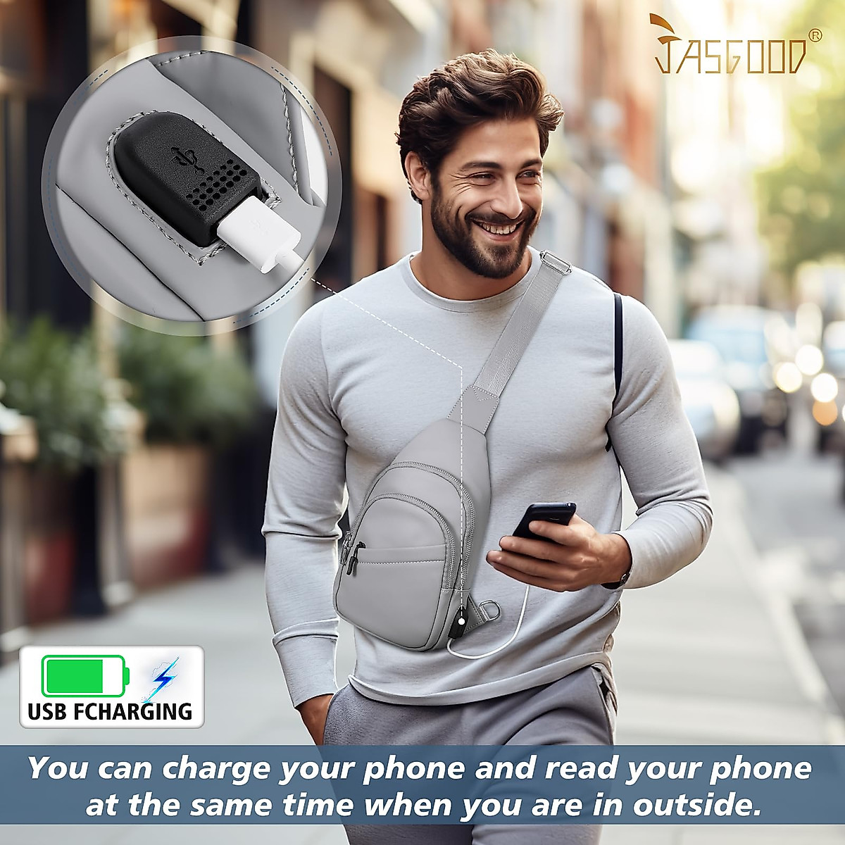 JASGOOD Sling Bag for Men Women, Crossbody Bag Faux Leather Fanny Pack Waterproof Chest Bag Backpack for Travel,Hiking,Light Gray