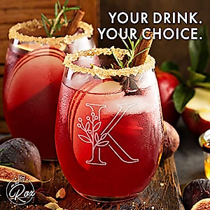 On The Rox Drinks Monogrammed Gifts For Women and Men - Letter A-Z Initial Engraved Monogram Stemless Wine Glass - 17 Oz Personalized Wine Gifts For Women and Men (K)