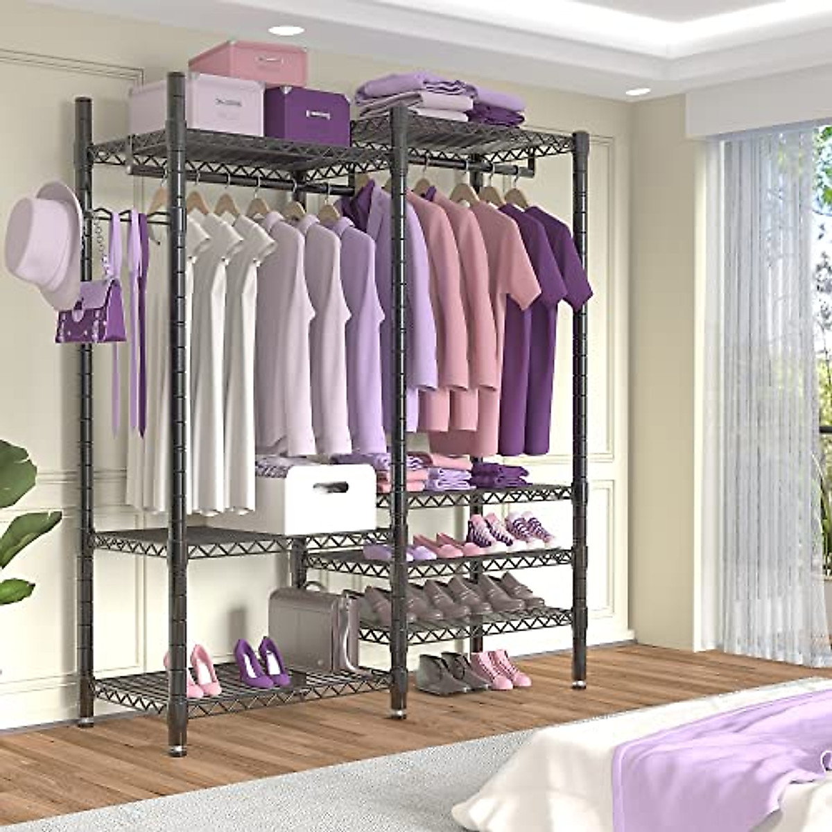 GOODPIE H7 Garment Rack Heavy Duty Clothes Racks, Hanging Clothing Rack, Freestanding Closet Wardrobe, 7 Adjustable Wire Rack, 2 Clothe Rod, 1 Side Hook, Multiple Combination Methods, Black