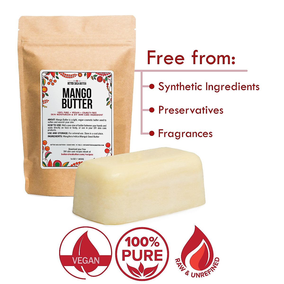 Better Shea Butter Mango Butter 100% Natural Skin Moisturizer, 1 LB Block