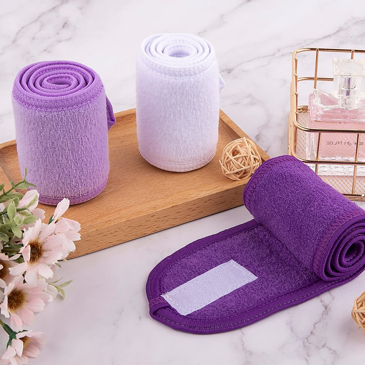 Whaline Spa Facial Headband Make Up Wrap Head Terry Cloth Headband Adjustable Towel Band for Face Washing Shower Facial Cover, 3 Pieces (White, Purple, Dark Purple)