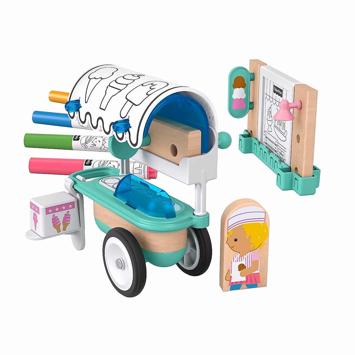 Fisher-Price Wonder Makers design system Ice Cream Cart, 15+ pieces, craftable building and track set with colorable pieces for preschool kids ages 3 years & up