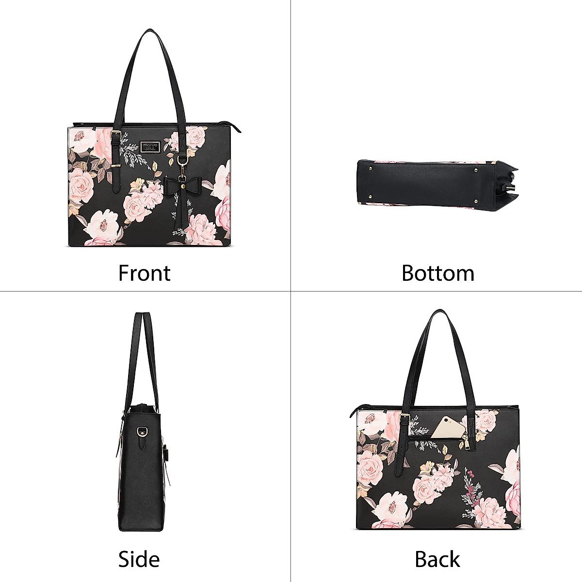 MOSISO Laptop Tote Bag Compatible with MacBook Air 15 inch M2 A2941/Pro 16 M3 M2 M1, 15-15.6 inch Notebook, Peony PU Leather Travel Work Briefcase with Detachable Bowknot & Small Purse, Black