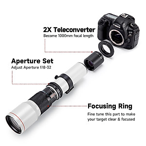 JINTU 500-1000mm f/8 Manual Telephoto Lens + T-Mount for Canon EOS Rebel SL2 SL1 T3 T3i T4i T5 T5i T6 T6i T6s T7 T7i 4000D 6D 7D 60D 70D 77D 80D 5D II/III/IV 550D 650D SLR Camera Lenses