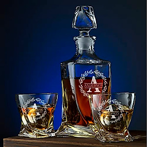 Personalized Whiskey Decanter and Stones Set - Customized Gift for Him - Men, Dad, Father - Engraved Twisted Whiskey Decanter, 2 XL Glasses, 2 XL Balls, 2 Coasters, Tongs, Pouch in Wooden Gift Box
