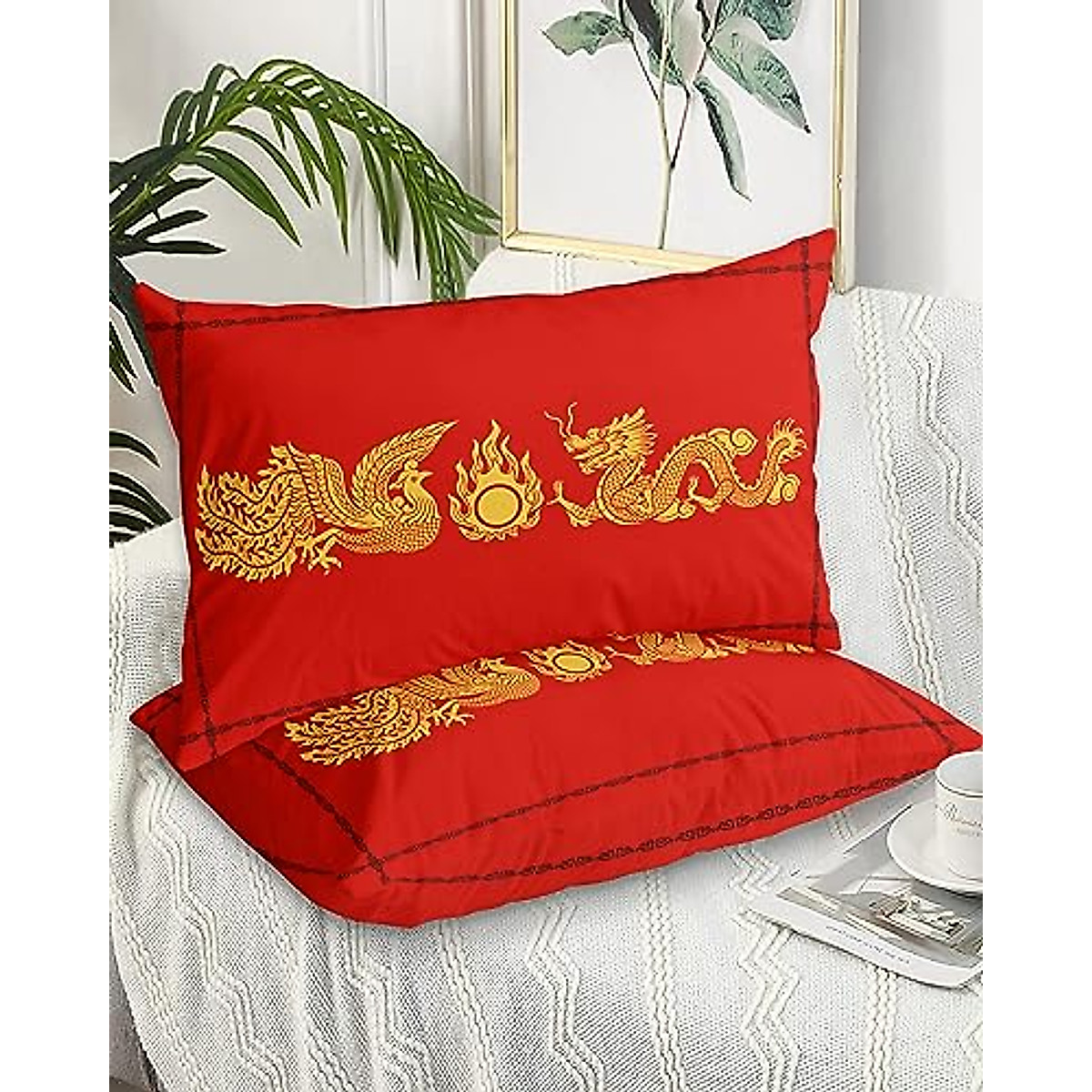 Edwiinsa Oriental Dragon Pillow Covers King Standard Set of 2 Bed Pillow, Plush Soft Comfort for Hair/Skin Cooling Pillowcases with Envelop Closure 20x36 Inches Traditional Chinese Happy New Year Red