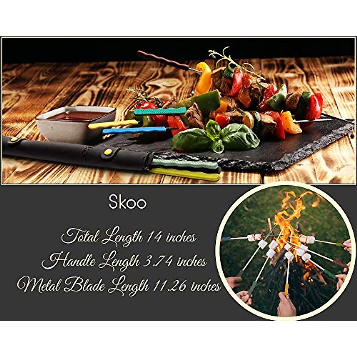 Skoo Barbecue Skewers Set - 7 Silicone Handled Stainless Steel BBQ Skewers + Silicone Storage Bag - 14" Flat Metal Shish Kebab Skewers for Grilling - Reusable Grill Kabob Skewer Sticks + Rollable Bag