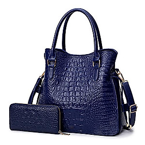 Dayfine 2PCS Crocodile pattern Women Handbags PU Leather Casual Top-handle Bag Set (Blue)