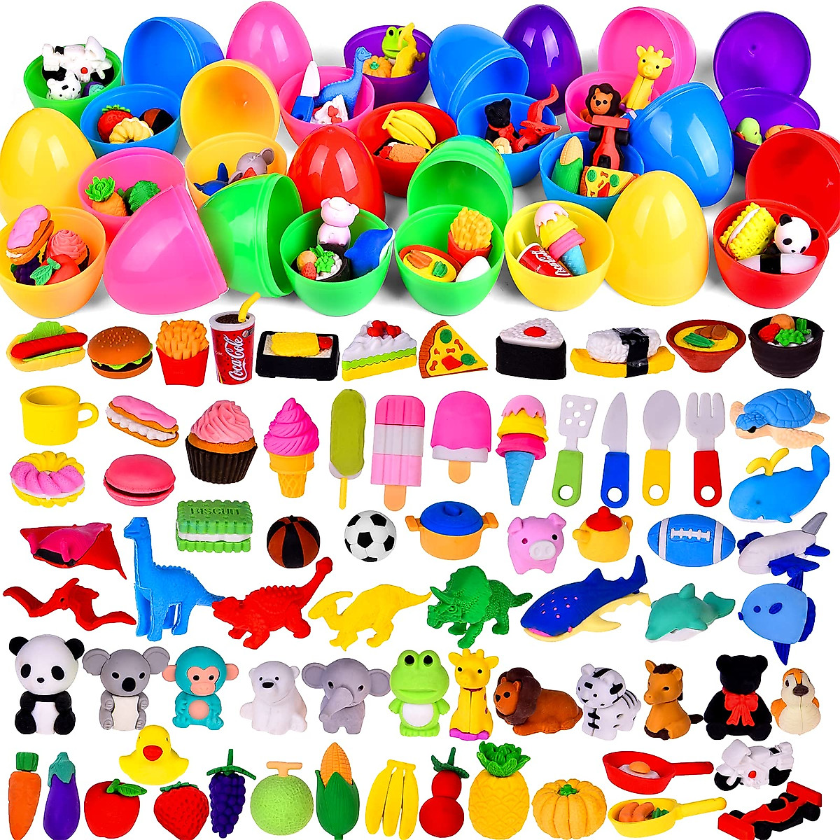FUN LITTLE TOYS Erasers with Easter Eggs Cute Mini Animals Food Puzzle Erasers for Kids Bulk Fillers Inside Toys