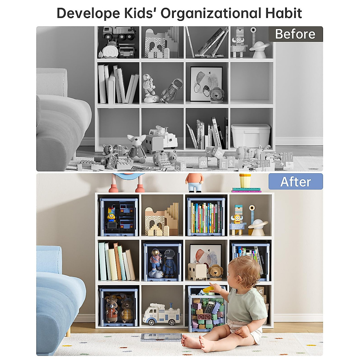 HAIXIN Storage Cube with Lid - Stackable Storage Bins Foldable Storage Box with Built-in Handles Plastic Toys Organizer Clear Storage Container for Playroom Classroom (Blue, 10.5 inch)
