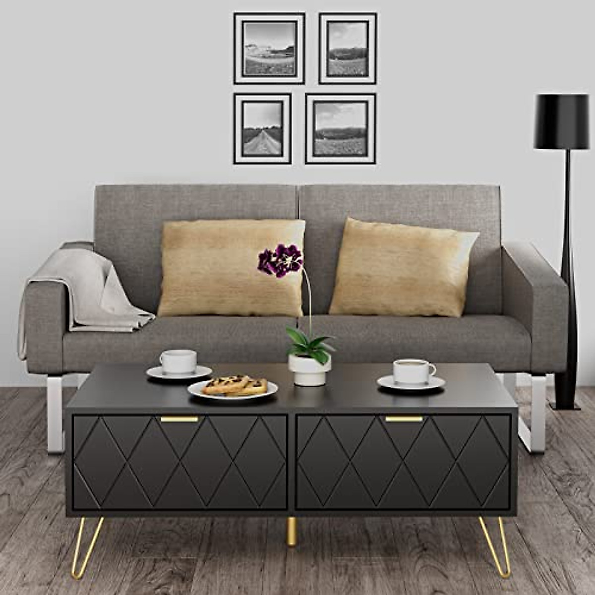 Scurrty 39.4'' Coffee Table with Large Drawers & 2 Open Storage Shelves, Black Modern Coffee Tables with Gold Metal Handles for Living Room, Bedroom and Study (Black)