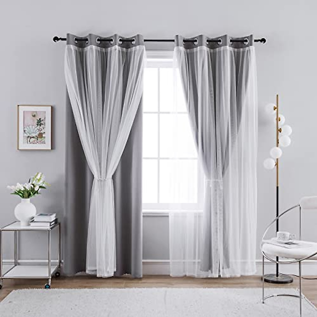 Anytime Home Curtains Blackout and Sheer Layered Solid Window Curtain Panel Pair with Grommet Top, 52Wx84L,Grey