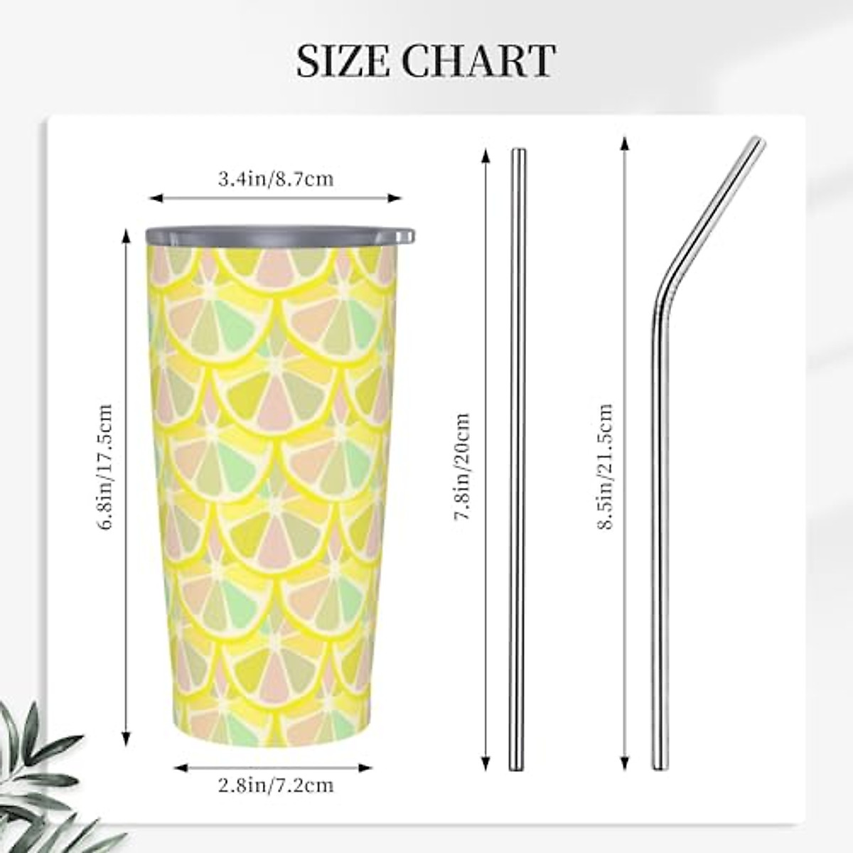 Yaxongx 20oz Tumbler Summer Fruit Lemon Double Wall Vacuum Insulated Coffee Mug with Lid and Metal Straw Brush Reusable Stainless Steel Water Bottle Travel Cup Gifts for Car Ice Drinks Hot Beverage